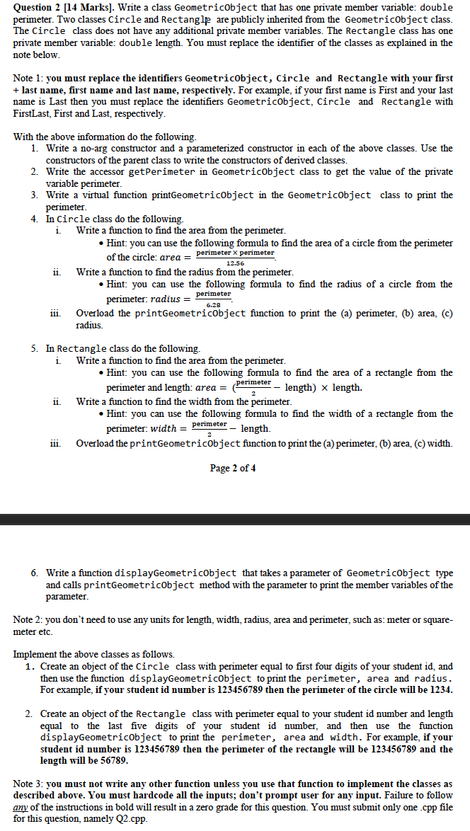 Solved Question 2 [14 Marks]. Write a class Geometricobject | Chegg.com