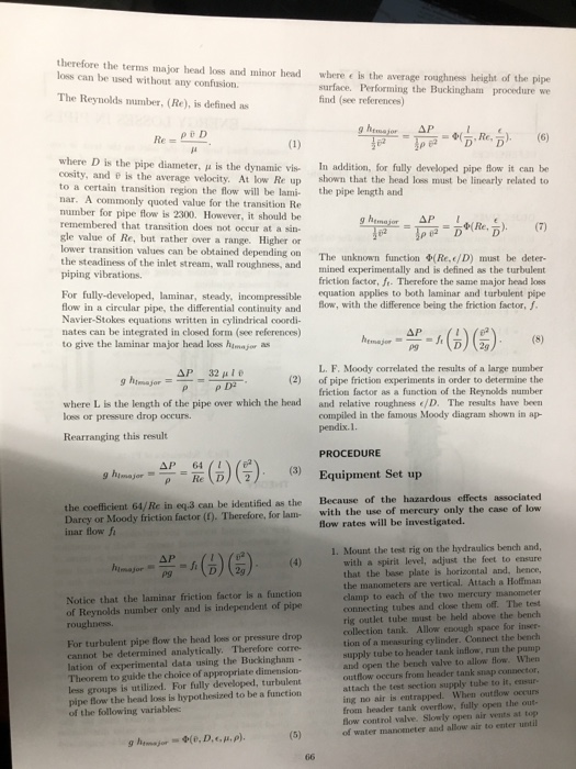 Solved EXPERIMENT 107 ENERGY LOSSES IN PIPES REFERENCES | Chegg.com