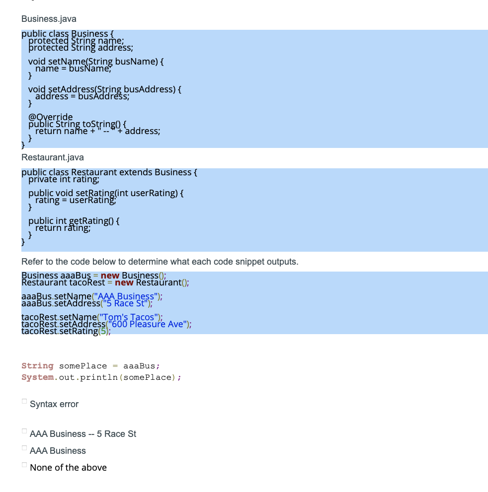 Solved Business.java public class Business { protected | Chegg.com