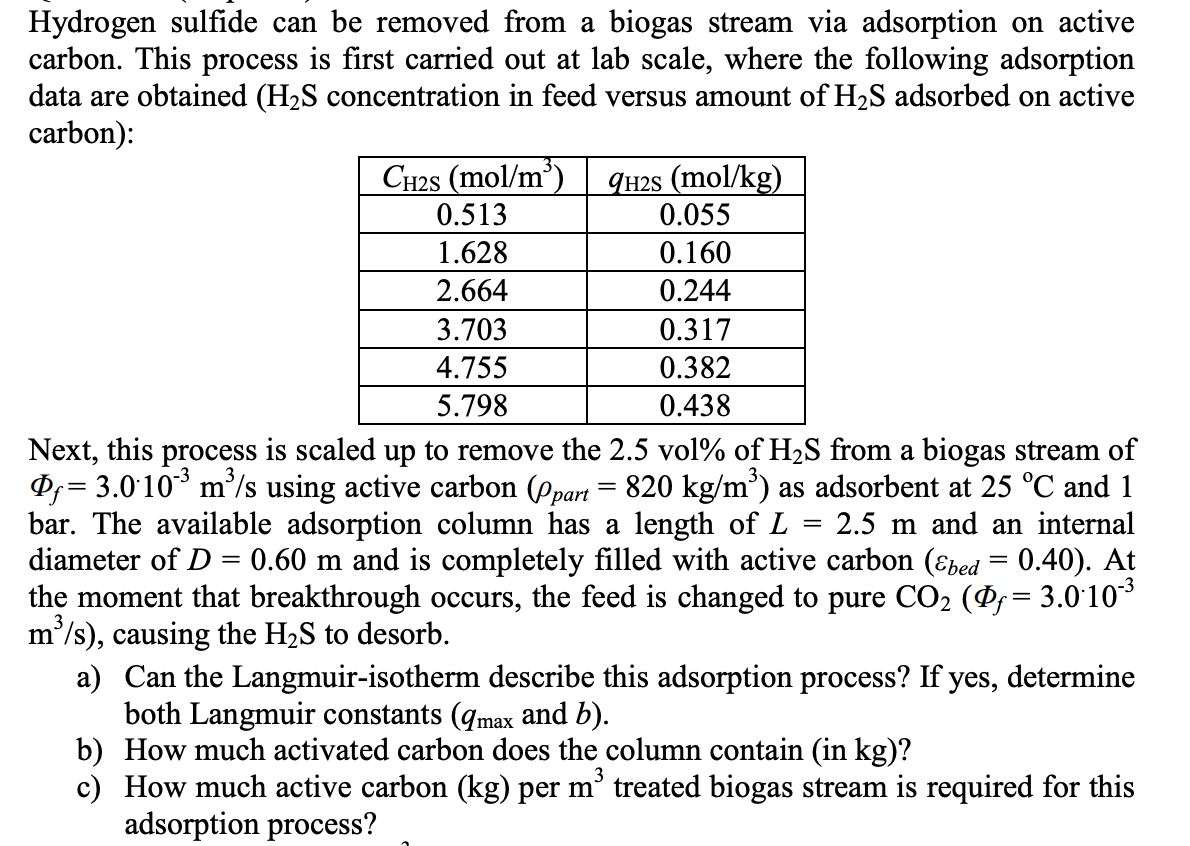 Hydrogen sulfide can be removed from a biogas stream | Chegg.com