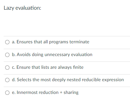 Solved Lazy evaluation: a. Ensures that all programs | Chegg.com
