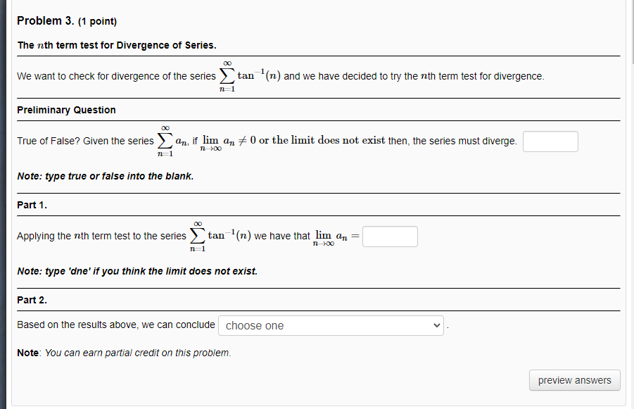 Solved Problem 3. (1 point) The nth term test for Divergence | Chegg.com