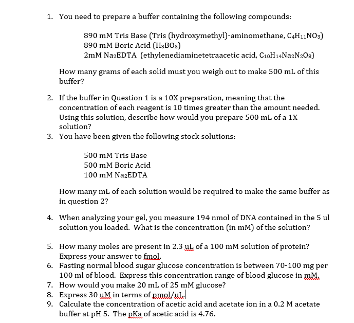 Solved 1. You need to prepare a buffer containing the | Chegg.com