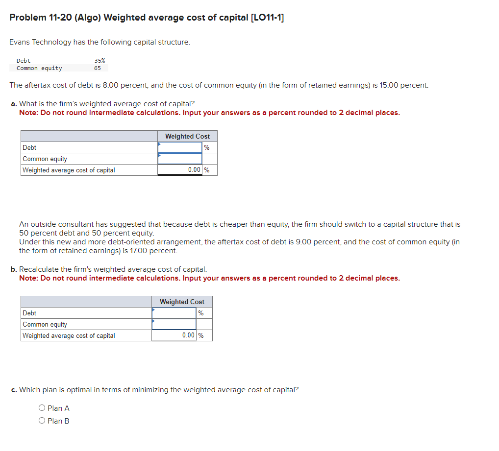 Solved Problem 11-20 (Algo) Weighted average cost of capital | Chegg.com