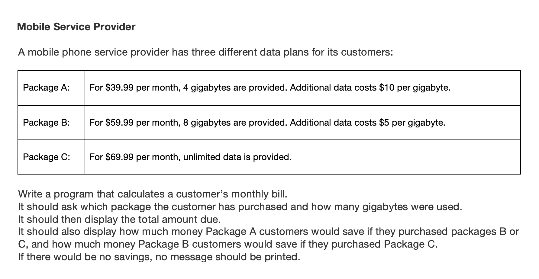 Solved Mobile Service Provider A mobile phone service | Chegg.com