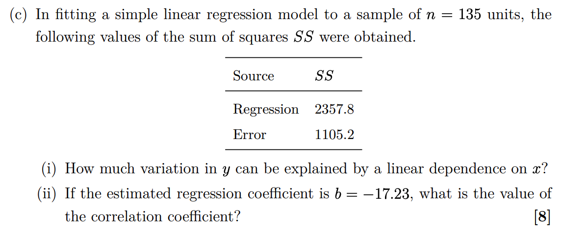 Solved (c) In fitting a simple linear regression model to a | Chegg.com