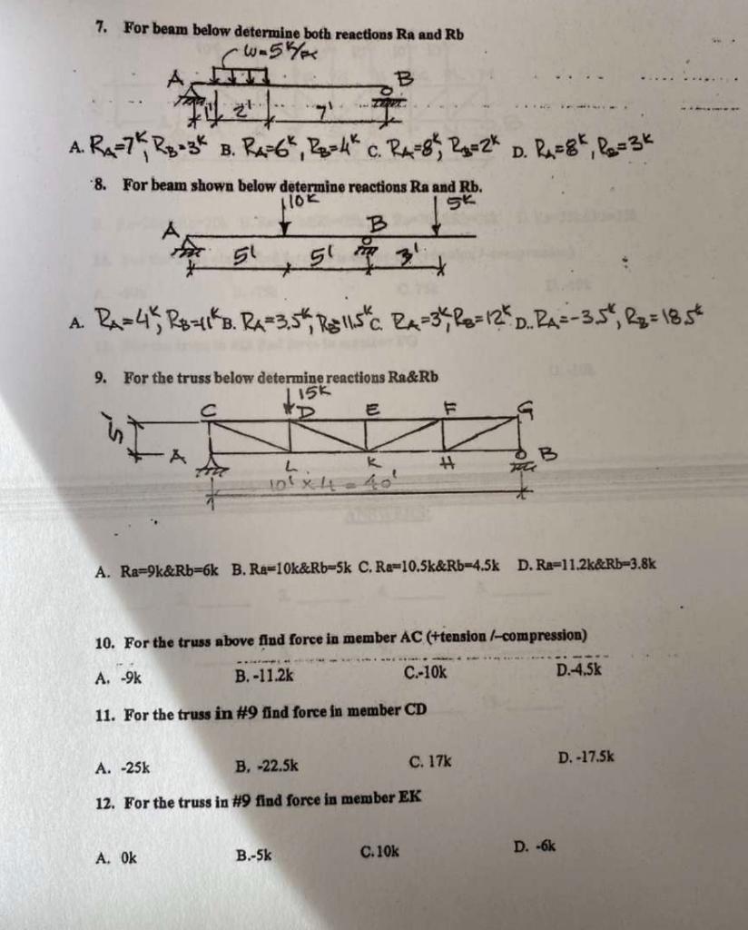 Solved 7. For beam below determine both reactions Ra and Rb | Chegg.com