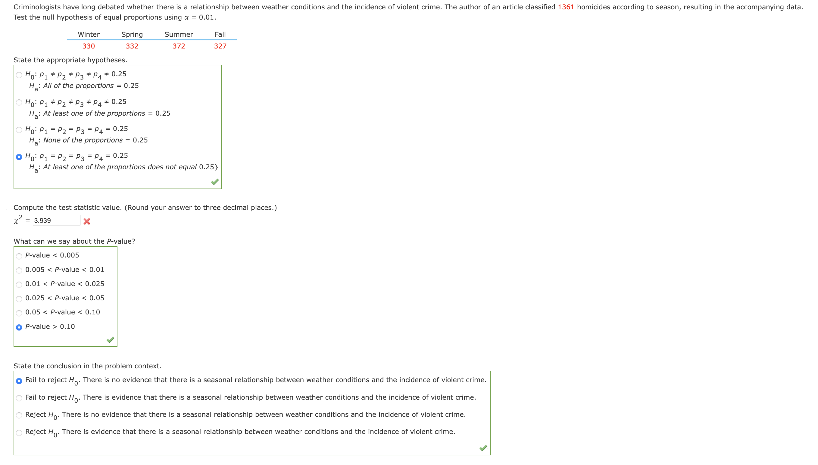 Solved Test the null hypothesis of equal proportions using | Chegg.com