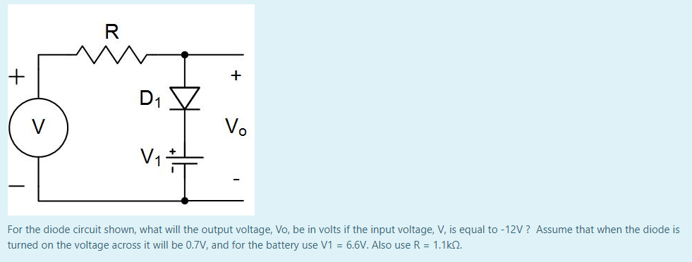 Solved R + + D1 V Vo V1 - For the diode circuit shown, what | Chegg.com