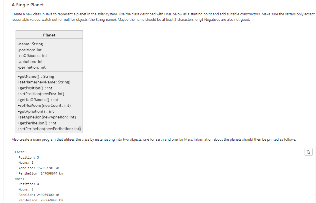 Solved A Single Planet Create a new class in Java to | Chegg.com