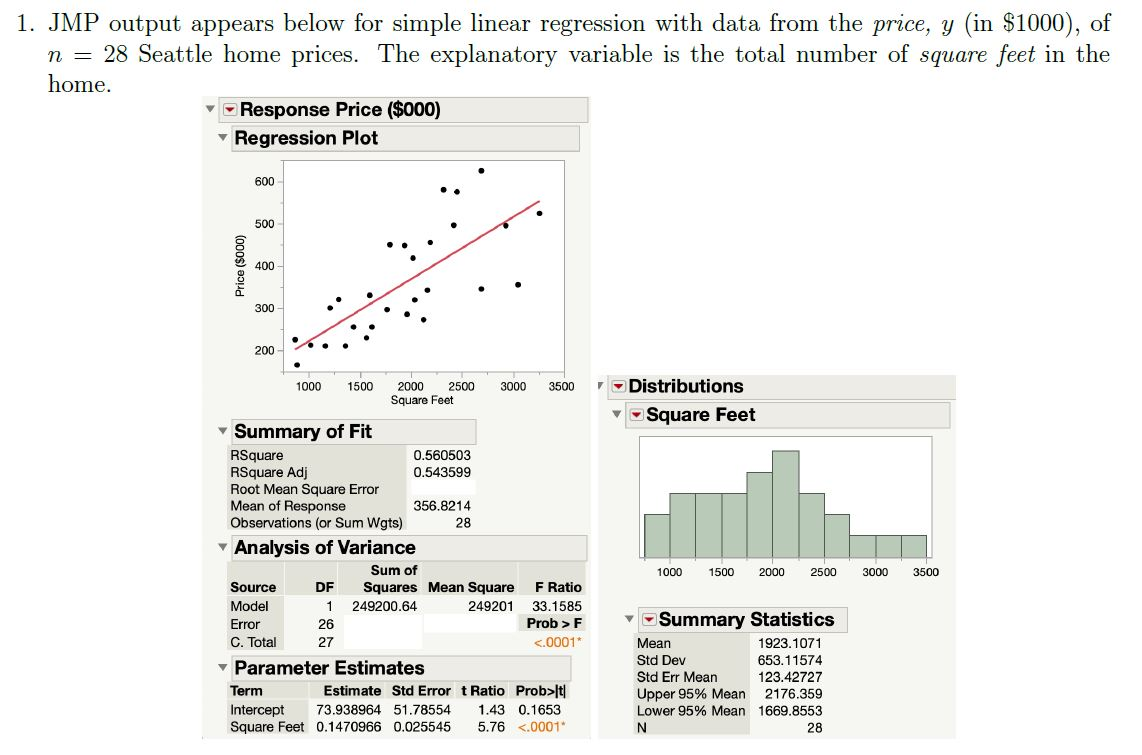 Solved 1. JMP output appears below for simple linear | Chegg.com