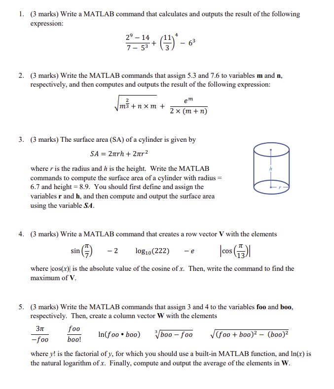 Solved 1 3 Marks Write A Matlab Command That Calculates 
