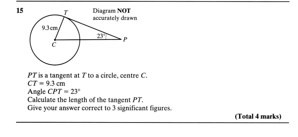 Solved PT is a tangent at T to a circle, centre C. CT=9.3 cm | Chegg.com