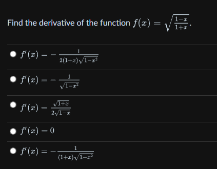 Solved Find the derivative of the function f(x)=1+x1−x. | Chegg.com