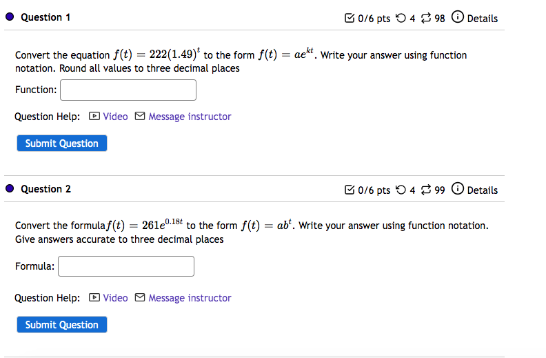 Solved Convert the equation f(t)=222(1.49)t to the form | Chegg.com