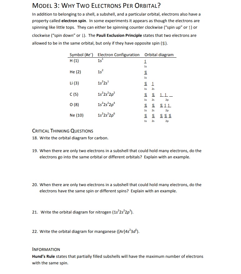 Solved Model 3: Why Two Electrons Per Orbital?In addition to | Chegg.com