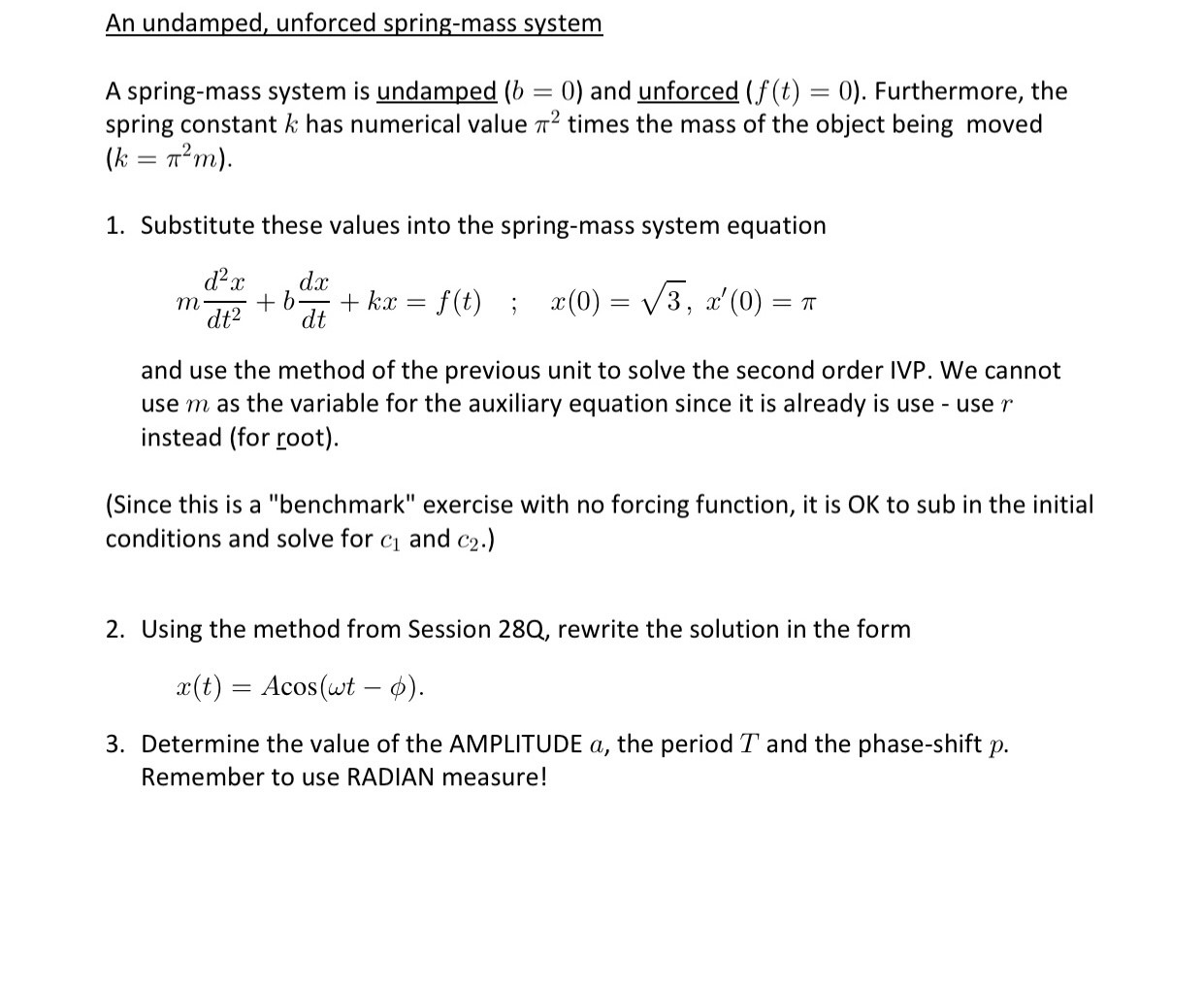 Solved An undamped, unforced spring-mass system A | Chegg.com