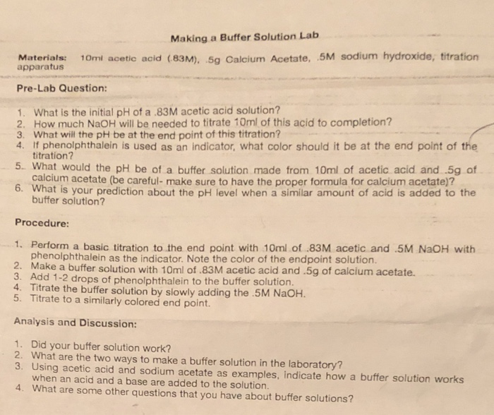 Making a Buffer Solution Lab Materials: 10mi acetic | Chegg.com