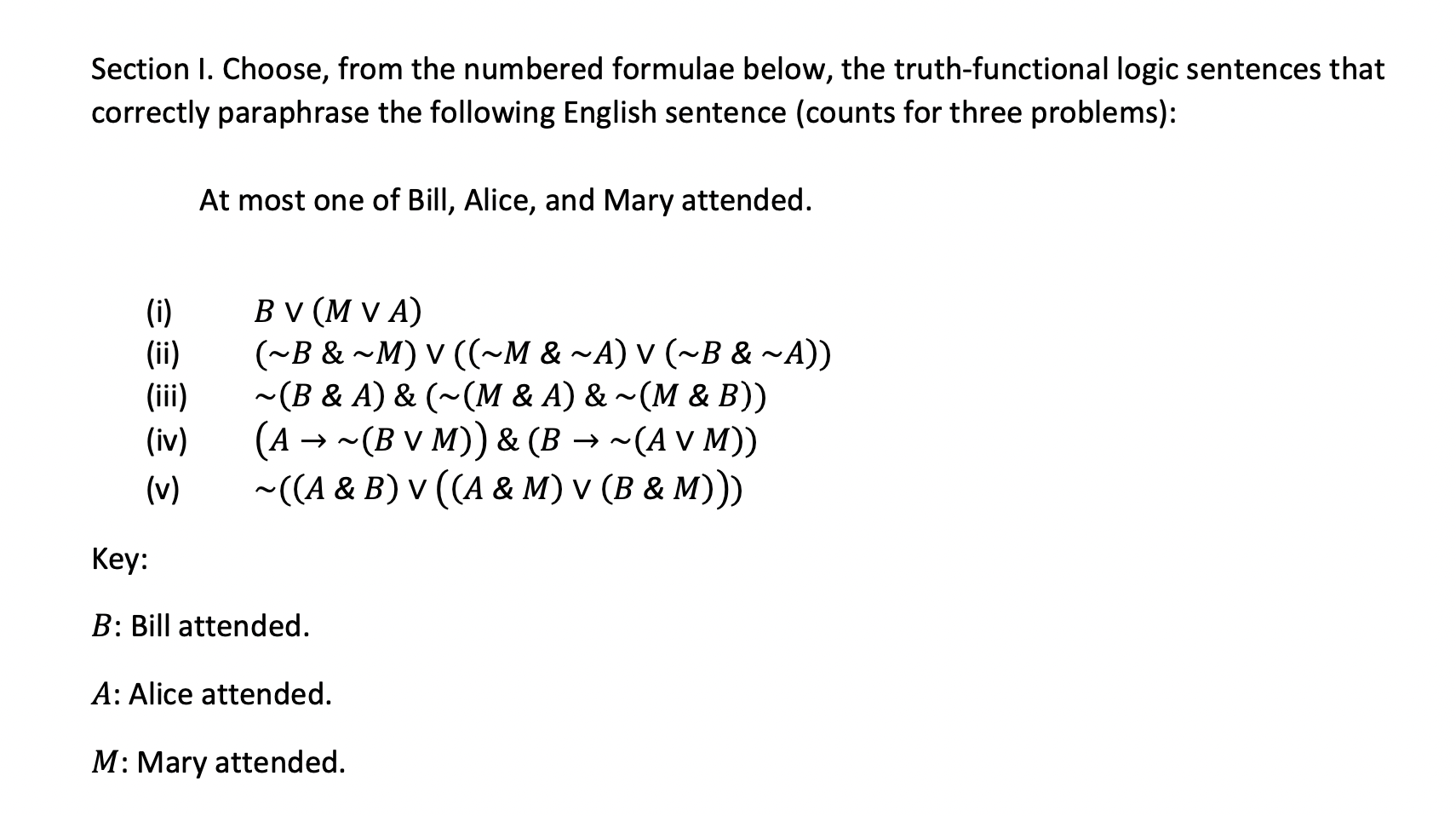 Solved Section I. Choose, from the numbered formulae below, | Chegg.com