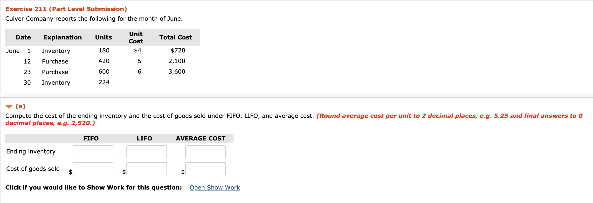 Solved Exercise 211 (Part Level Submission) Culver Company | Chegg.com