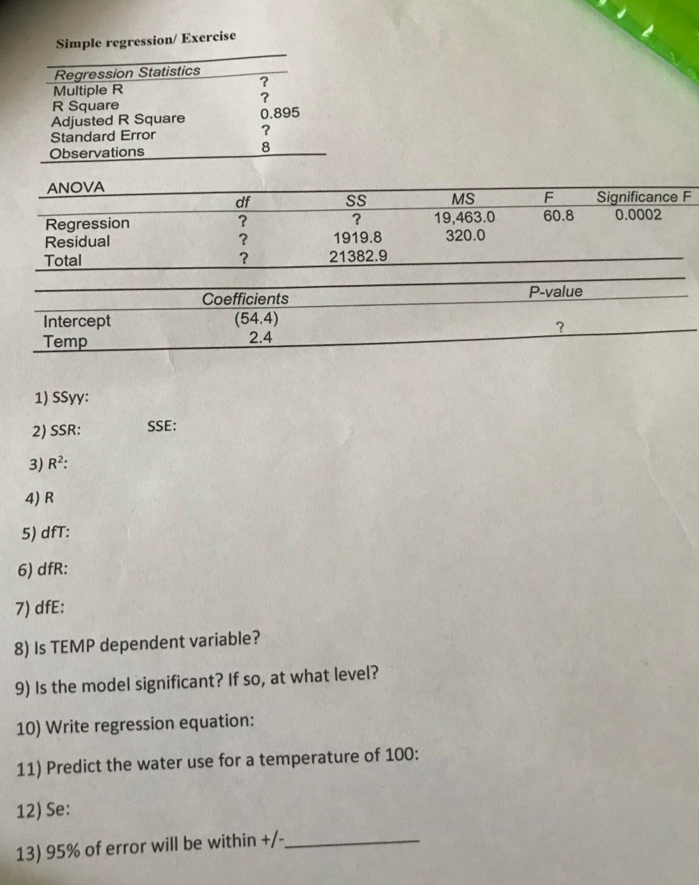 Solved Simple regression/ Exercise | Chegg.com
