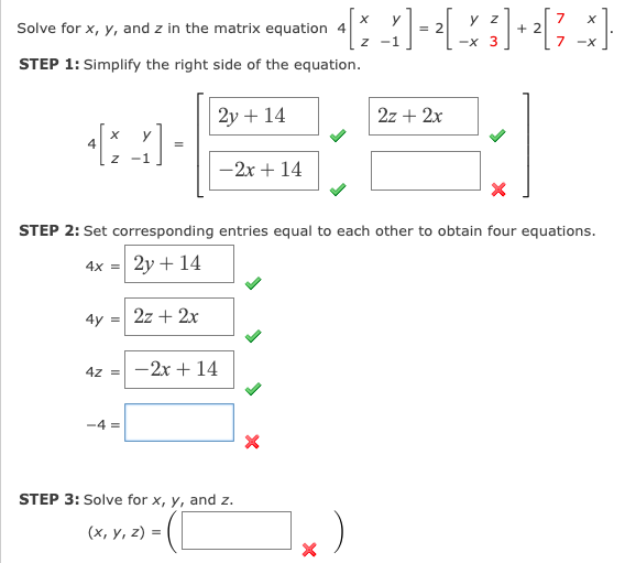 Solved Solve for x,y, and z in the matrix equation | Chegg.com