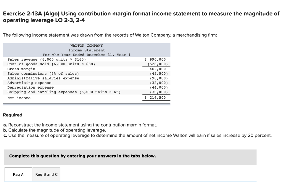 Solved Exercise 2-13A (Algo) Using contribution margin | Chegg.com