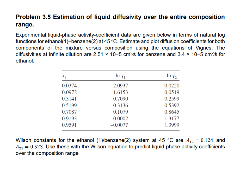 Solved Problem 3.5 Estimation of liquid diffusivity over the | Chegg.com