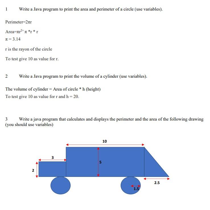 Solved 1 Write a Java program to print the area and | Chegg.com