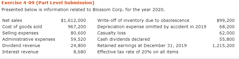 Solved Exercise 4-09 (Part Level Submission) Presented below | Chegg.com