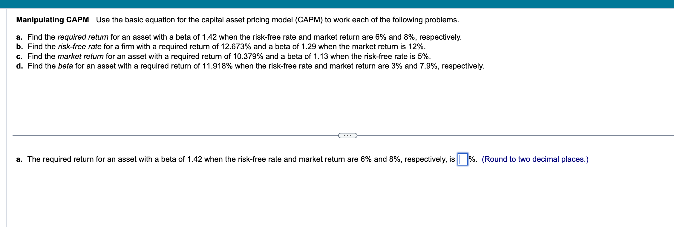 Solved Manipulating CAPM Use the basic equation for the | Chegg.com