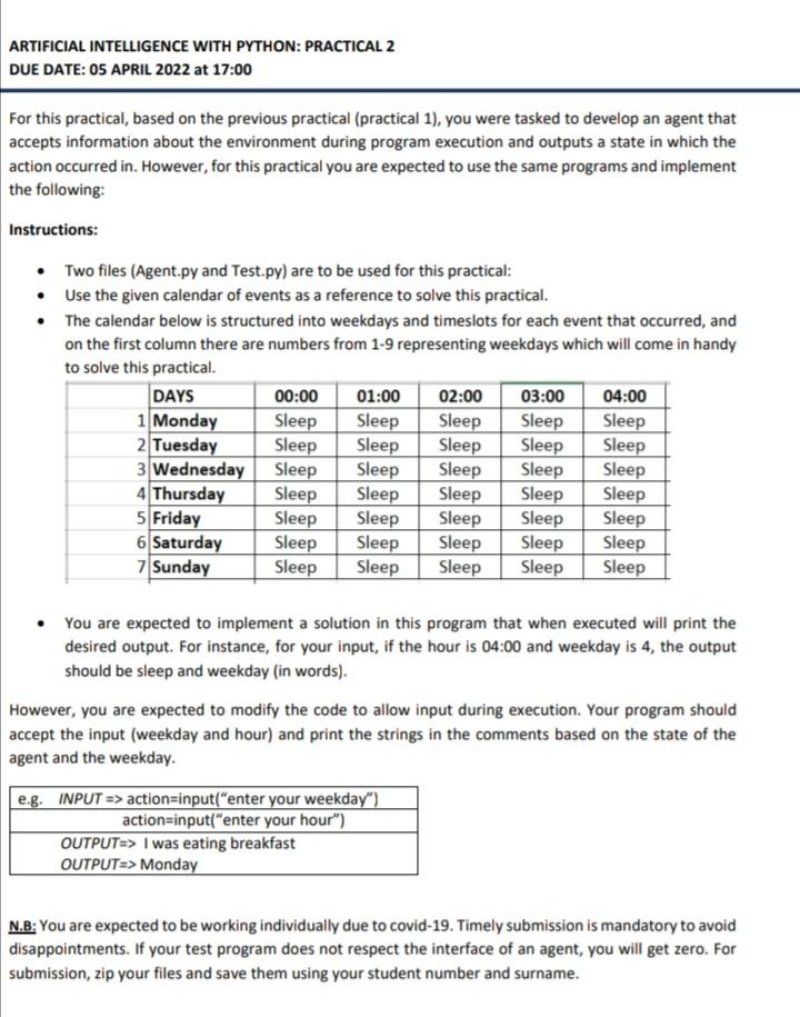 Solved ARTIFICIAL INTELLIGENCE WITH PYTHON: PRACTICAL 2 DUE | Chegg.com