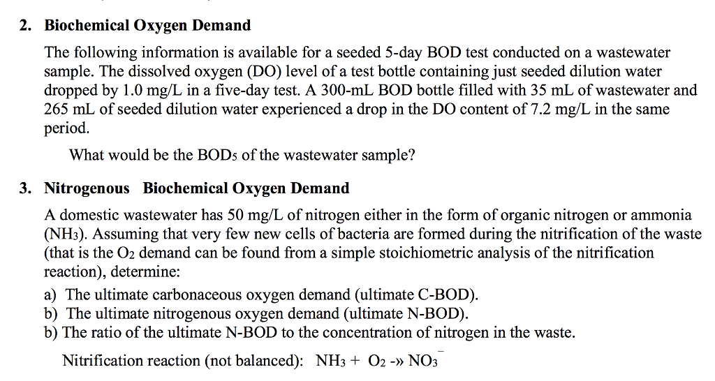 2. Biochemical Oxygen Demand The following | Chegg.com