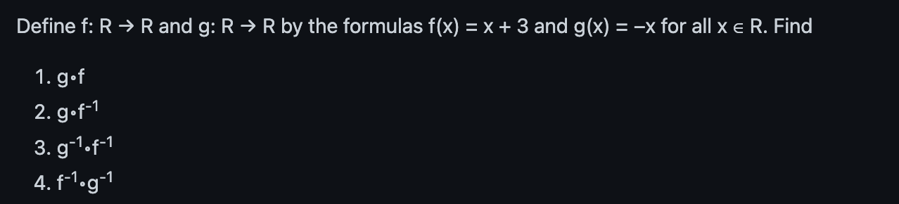 Solved Define f:R→R and g:R→R by the formulas f(x)=x+3 and | Chegg.com