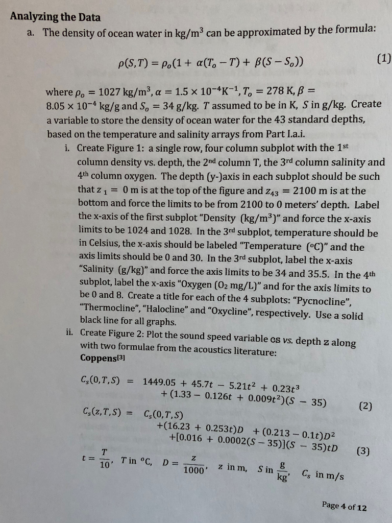 Analyzing the Data a. The density of ocean water in | Chegg.com