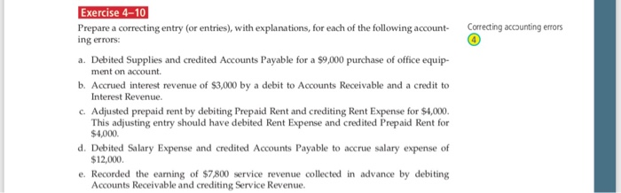 Solved Exercise 4-10 Prepare a correcting entry (or | Chegg.com