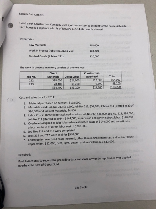 Exercise 3-4, Acct 203 Good earth Construction | Chegg.com