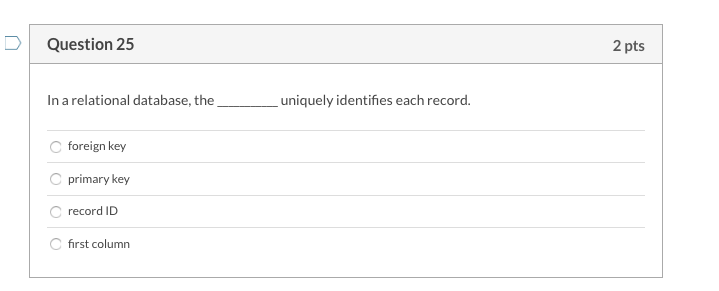 Solved Question 25 2 pts In a relational database, the | Chegg.com