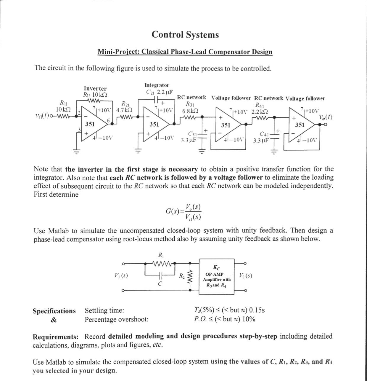 Control Systems Mini-Project: Classical Phase-Lead | Chegg.com