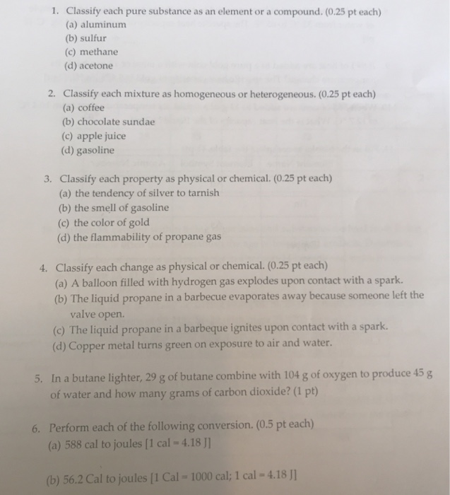 Solved 1. Classify each pure substance as an element or a | Chegg.com
