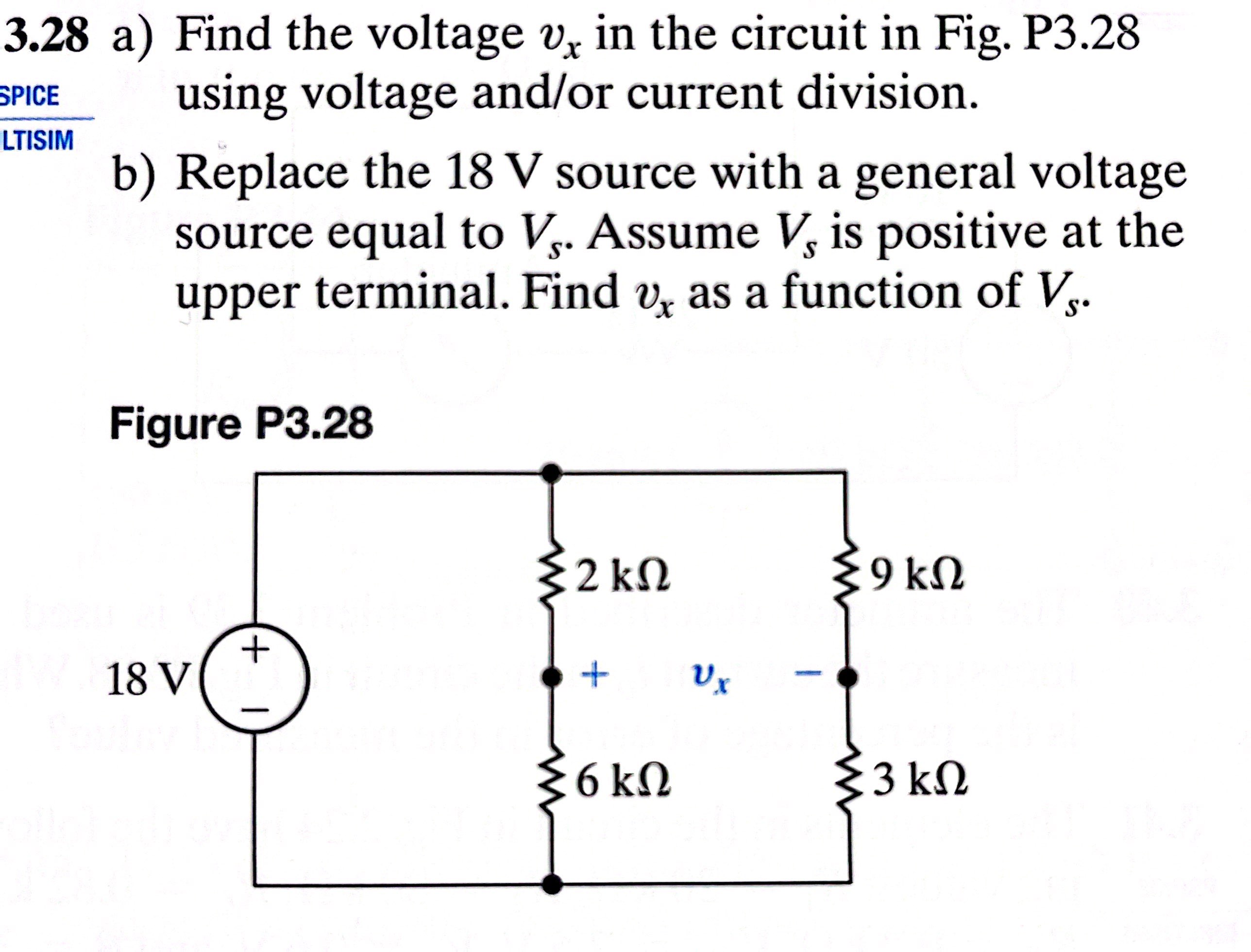 Solved 3.28 ﻿a) ﻿Find the voltage vx ﻿in the circuit in Fig. | Chegg.com