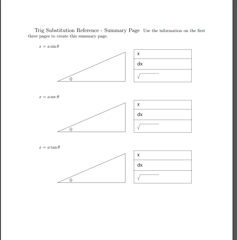 Solved Trig Substitution Reference - Summary Page Use the | Chegg.com