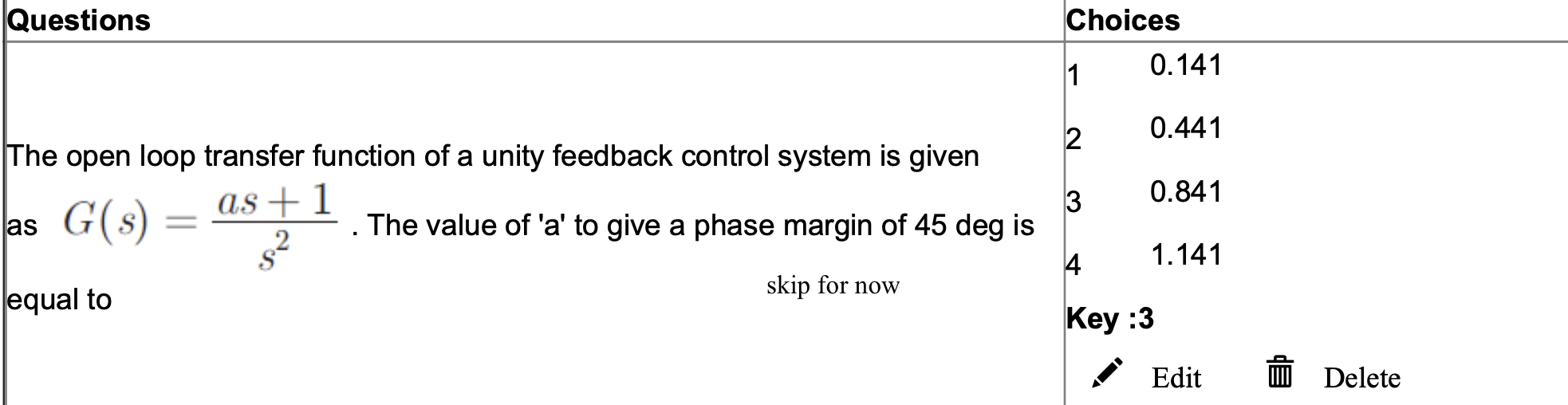 Solved Questions Choices The open loop transfer function of | Chegg.com