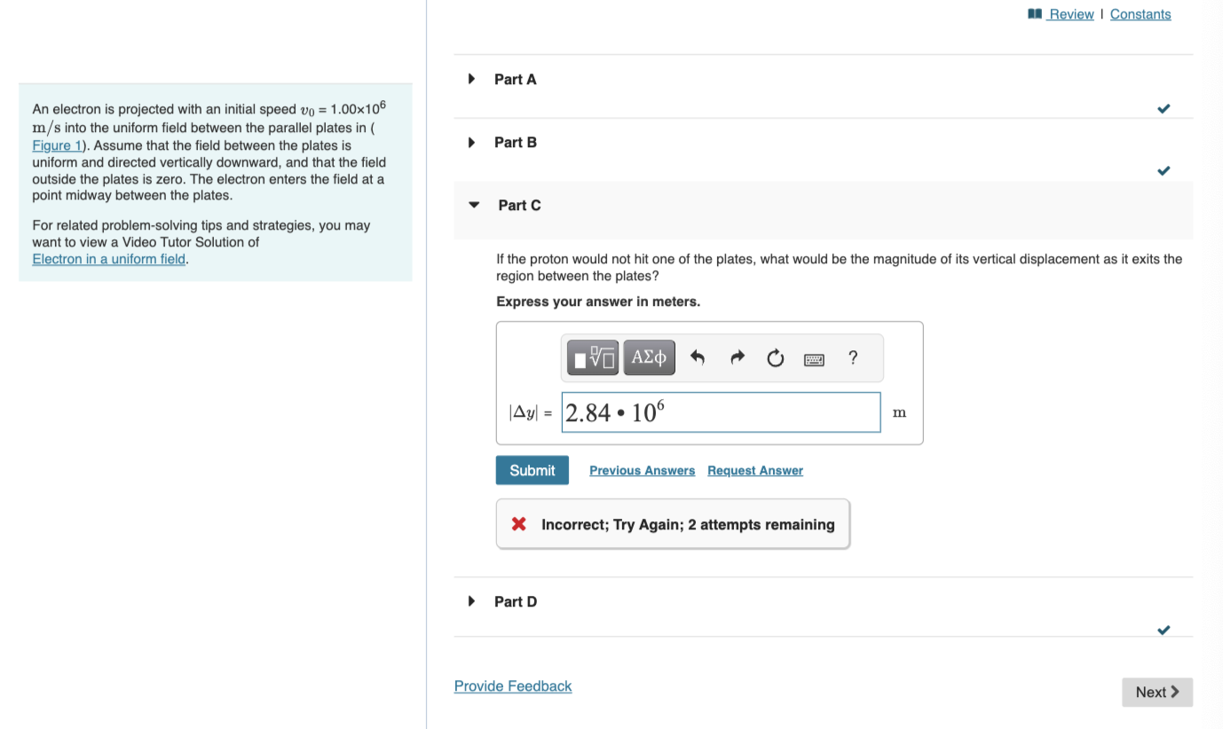 Part AAn electron is projected with an initial speed | Chegg.com