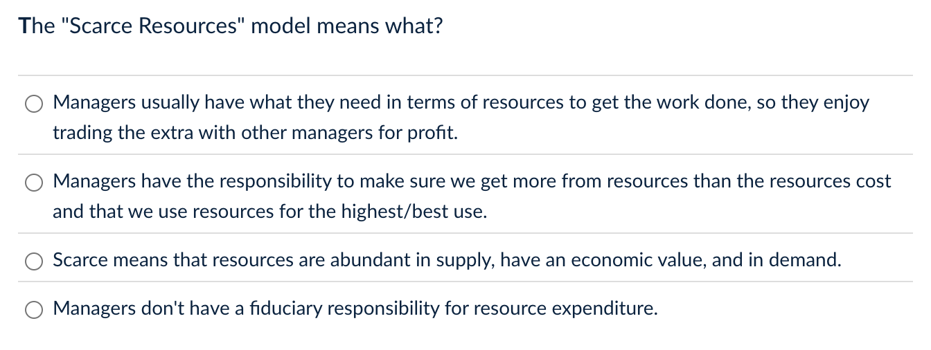 Solved The "Scarce Resources" model means what? Managers | Chegg.com