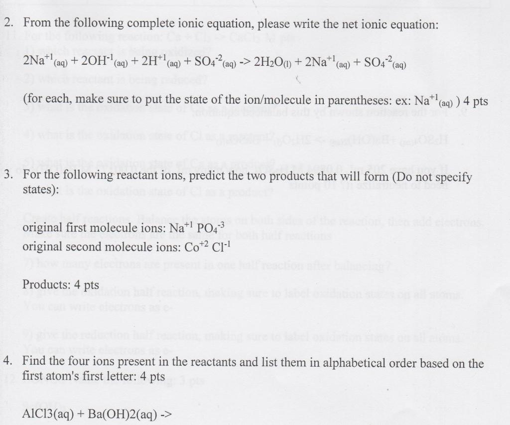 Solved 2. From the following complete ionic equation, please | Chegg.com
