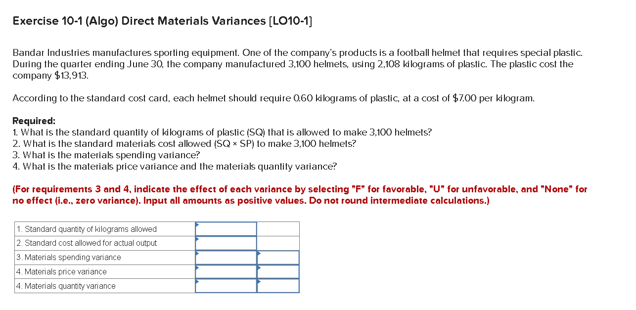 Solved Exercise 10-1 (Algo) Direct Materials Variances | Chegg.com