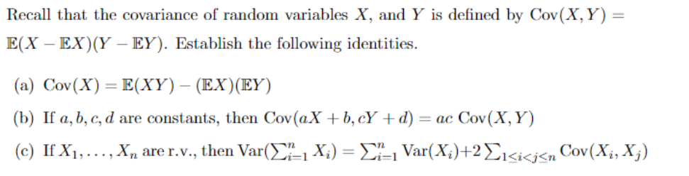 Solved Recall that the covariance of random variables X, and | Chegg.com