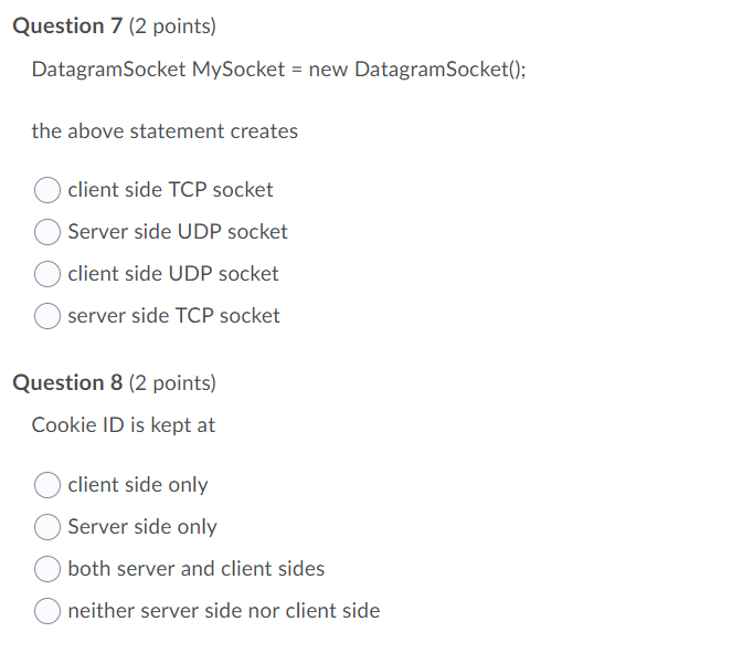 Solved Question 7 (2 points) Datagram Socket MySocket = new | Chegg.com
