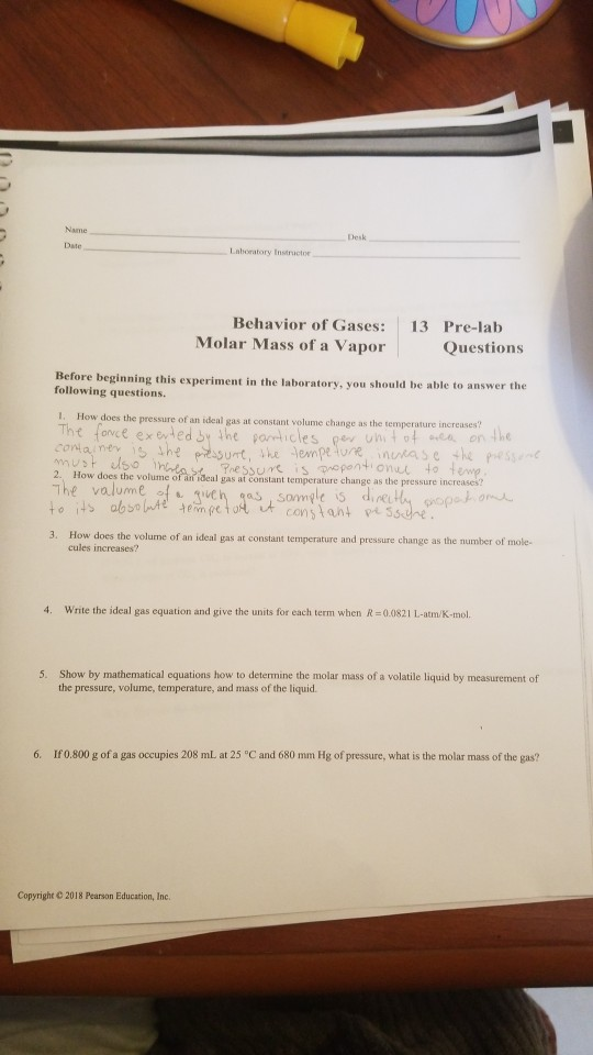 Solved Date Laboratory Instructor Behavior Of Gases Mola 8750